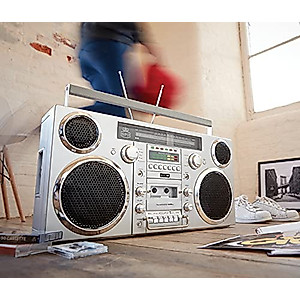 GPO Brooklyn 1980S-Style Portable Boombox - CD Player, Cassette Player, FM Radio, USB, Wireless Bluetooth Speaker - Silver
