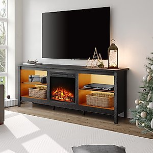 WAMPAT Fireplace TV Stand for TVs Up to 75 Inch with RBG LED Light, Farmhouse Wood Electric Fireplace Entertainment Center with 4 Storages for Living Room Bedroom, Black