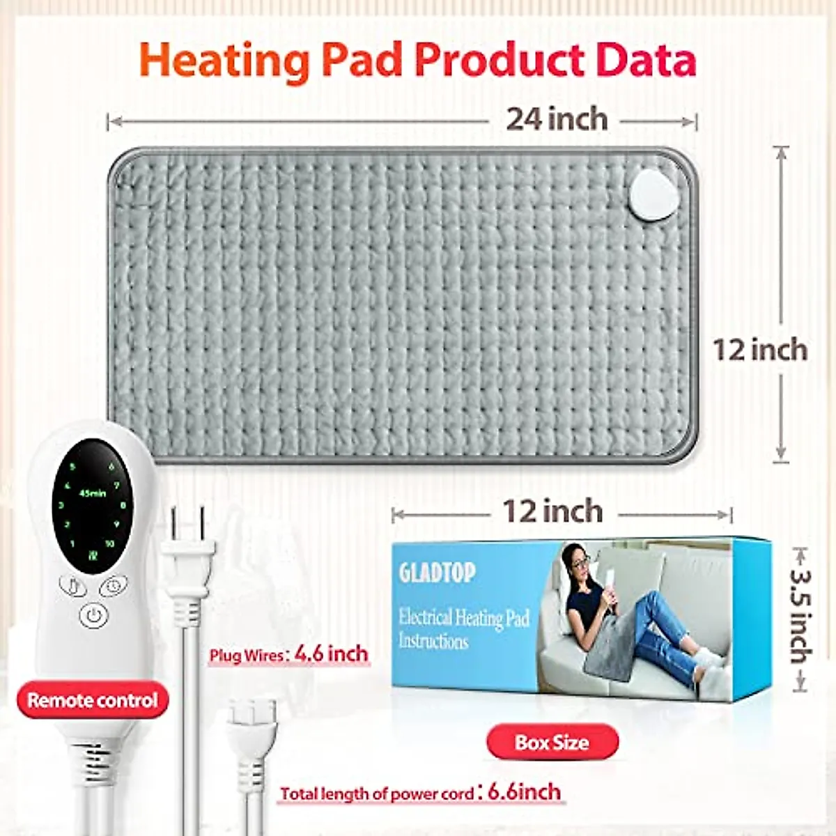 Heating Pad, 10 Heat Settings & 3 Timer Settings with Auto Off, Wet & Dry Heat Therapy Electric Heating Pad, Relieves Back, Neck, Shoulder & Abdominal Pain Heat Pad, Machine Washable, 12" x 24"(Grey)