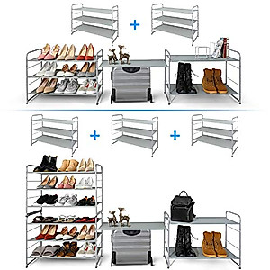 Simple Trending 3-Tier Stackable Shoe Rack, Expandable & Adjustable Fabric Shoe Shelf Storage Organizer,Silver