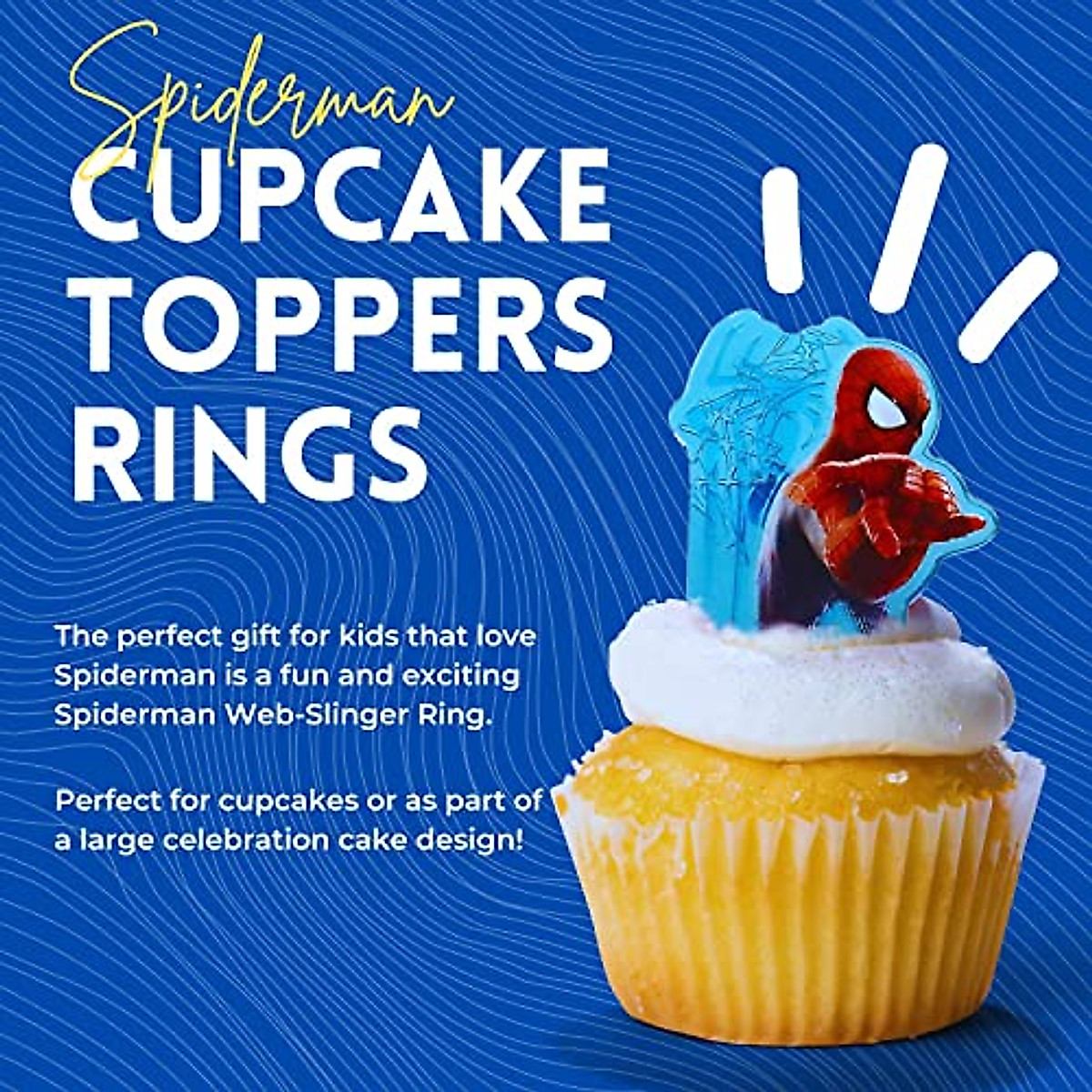 Spiderman Web-Slinger Rings, 12 Pack Cupcake Toppers, Two Designs, Party Favors.