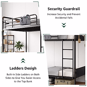 Jocoevol Metal Bunk Bed Twin Over Twin, Industrial Bunkbeds with Heavy Duty Bed with Safety Guard Rails and Space-Saving Design, Steel Bed for School, Bedroom (Black)
