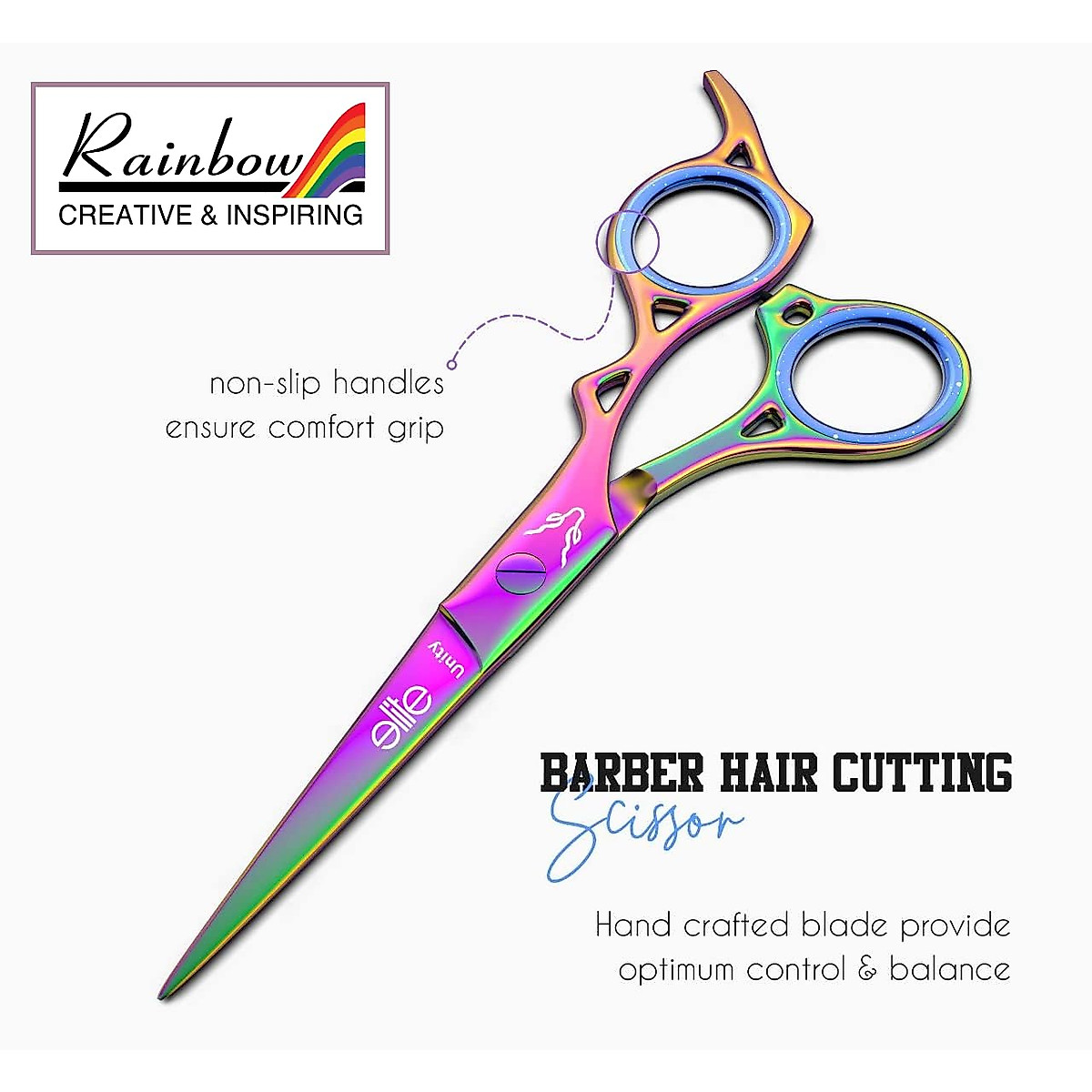 Hair Cutting Scissors, Barber Scissors-Elite Unity 6.5 inch Professional Hair Scissors-Razor Edge Sharp Scissors for Barber Kit, Haircut, Trimming, Men/Women.For Home and Salon Use. (Rainbow)