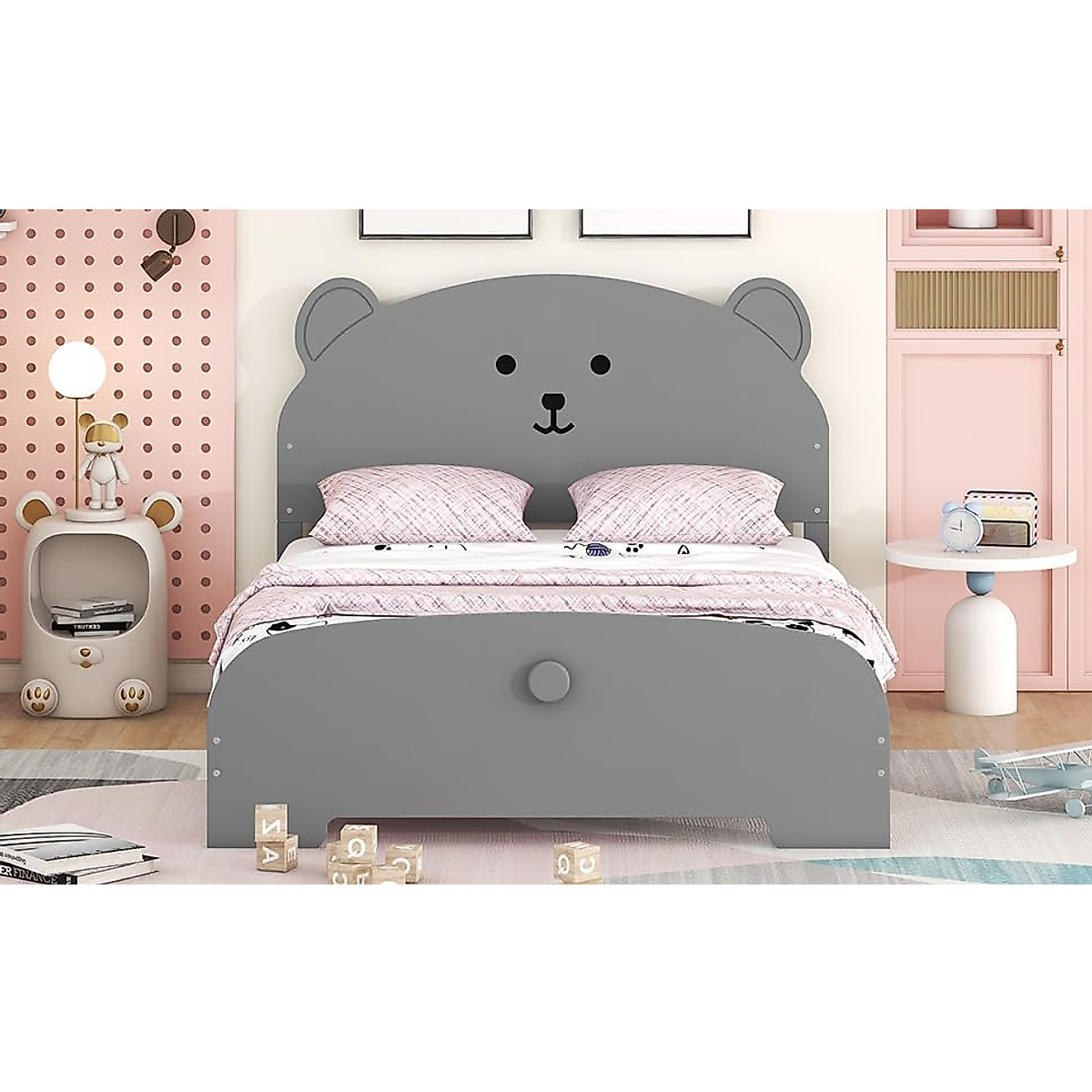 Quarte Cute Full Size Platform Bed with Bear-Shaped Headboard and Footboard, Wooden Bed Frame for Bedroom,No Box Spring Required (Gray/Bear*W)