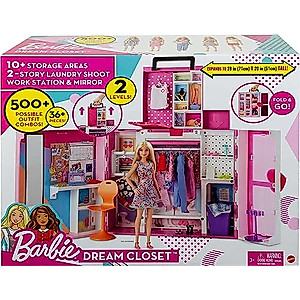 Barbie Dream Closet Playset, 35+ Clothes & Accessories Including 5 Complete Looks, Pop-Up Second Level, Mirror & Laundry Chute