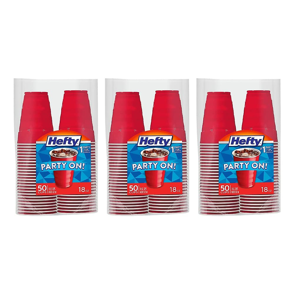 Hefty Party On Disposable Plastic Cups, Red, 18 Ounce, 50 Count (Pack of 3), 150 Total