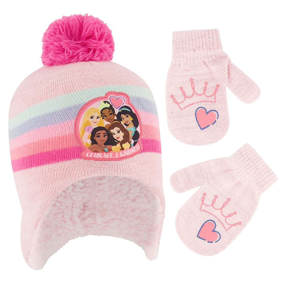Disney Girls' Toddler Winter Mittens 2-4 Or Princess Hat and Kids Gloves Set for Ages 4-7, Pink with Fleece