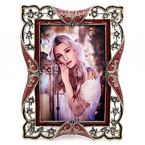 LXZ Vintage Retro Brass Plated Metal Picture Frame Decorated with Crystals - Clear Glass Front Cover - Tabletop Display Vertically or Horizontally, Size 4 x 6 Inches