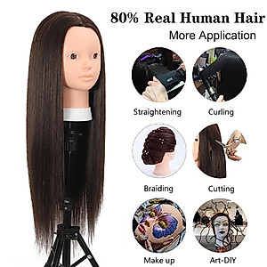 Opini 26 Inch Mannequin Head 80% Real Human Hair Styling Hair Mannequin Head Human Hair to Practice Hair and Makeup Hairdresser Head With Free Clamp (#4 No Makeup)