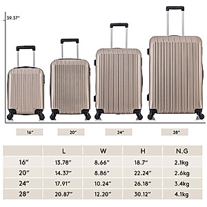 Fridtrip 4 Piece Luggage Sets Hard Shell Lightweight ABS Luggage Suitcase with Durable Spinner Wheels 16" 20" 24" 28" (Champagne Gold)