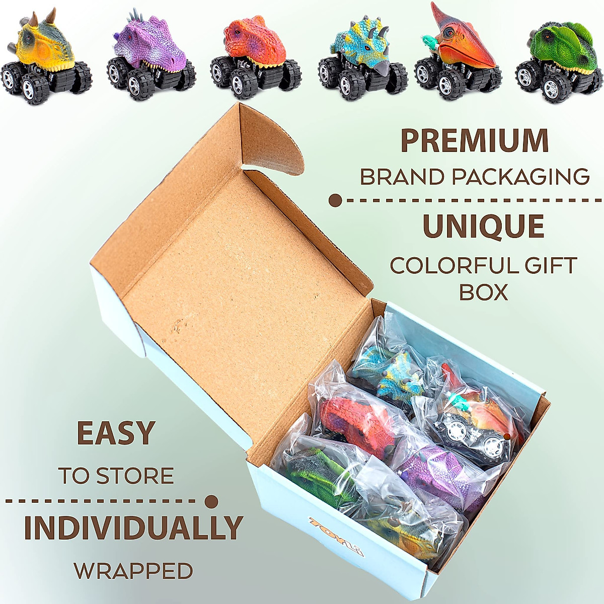 TOYLI 6 Pack Pull Back Dino Cars - Dinosaur Car Toys for Kids, Dinosaur Car, Pull Back Dinosaur Cars 6 Pack