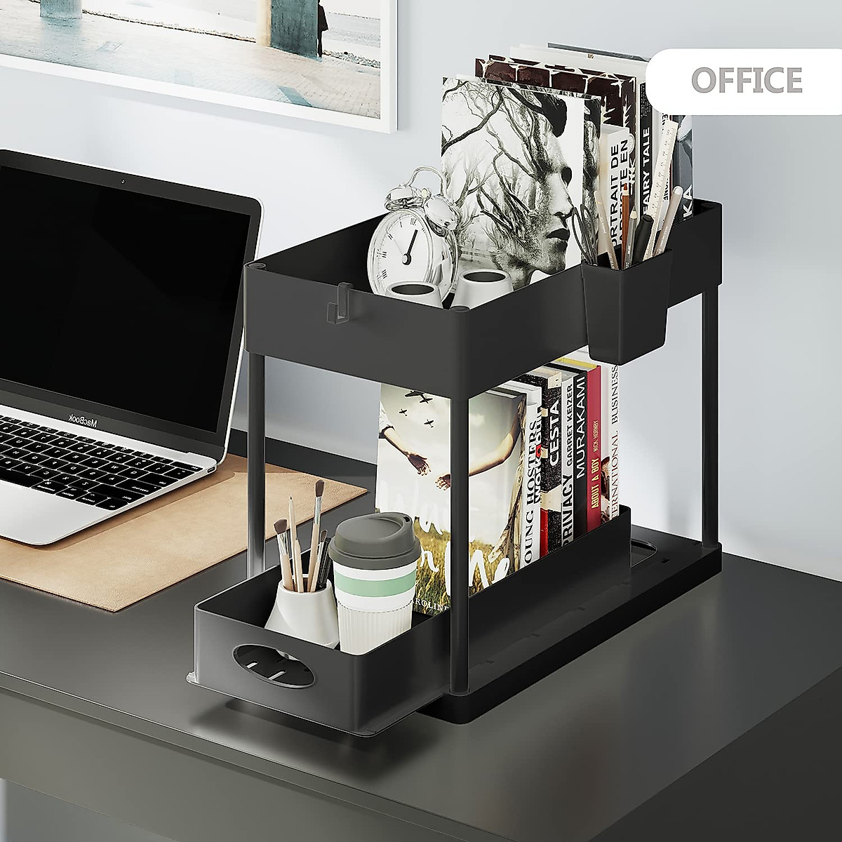 Under Sink Organizers and Storage | Bathroom Cabinet Organizer, Sink Shelf with Utility Hooks and Side Caddy for Under Cabinet Storage |Black (1-Pack) Under Kitchen Sink Organizer with Sliding Drawer