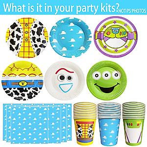 Cartoon Story Party Supplies 133pcs Party Decorations include Paper Plates Napkins Cups Tablecloth and Banner for Boys Girls 1st 2nd 3rd 4th Birthday Decor, Serve 30 Guest
