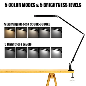 LED Desk Lamp,JKSWT Eye-Caring Adjustable Swing Arm Desk Light with Clamp,72 Led,5 Color Modes,5 Brightness Levels Table Lamp, Office Lamp with Memory Function and Touch Control,Black