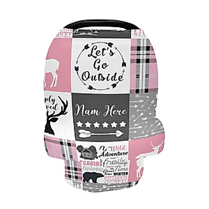 Personalized Baby Car Seat Cover for Girls, Custom Nursing Covers for Breastfeeding with Name, Infant Stroller Cover, Baby Carseat Canopy for Newborn, Multiuse Car Seat Canopies, Woodland Deer Pink