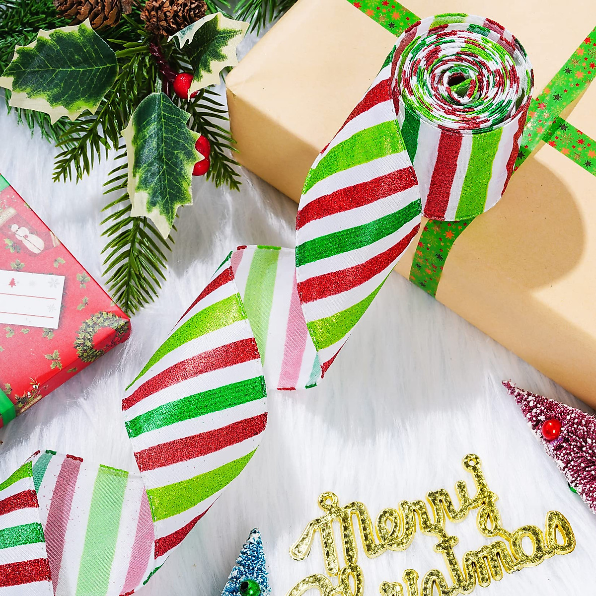 obmwang 2 Rolls Christmas Glitter Stripes Wired Edge Ribbon Red White Green Stripes Ribbons Wired Christmas Holiday Ribbon for DIY Craft Bows Xmas Tree Decoration, 2.52" x 6.56 Yards
