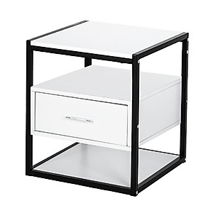 Nightstand Set of 1 with Drawer Modern Square End Side Table for Storage Open Shelf in Bedroom, Living Room, Small Space, Stable Metal Frame, White Compact and Sturdy Storage Solution