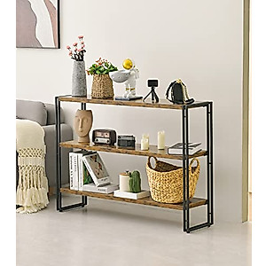 Bookshelf,3-Tier Open Bookcase,Rustic Wood and Metal Industrial Display Book Shelves Home Office,Bedroom Standing Shelf Unit,Horizontal Kitchen Shelf Organizer,Bathroom Storage Rack Mid Century 47in