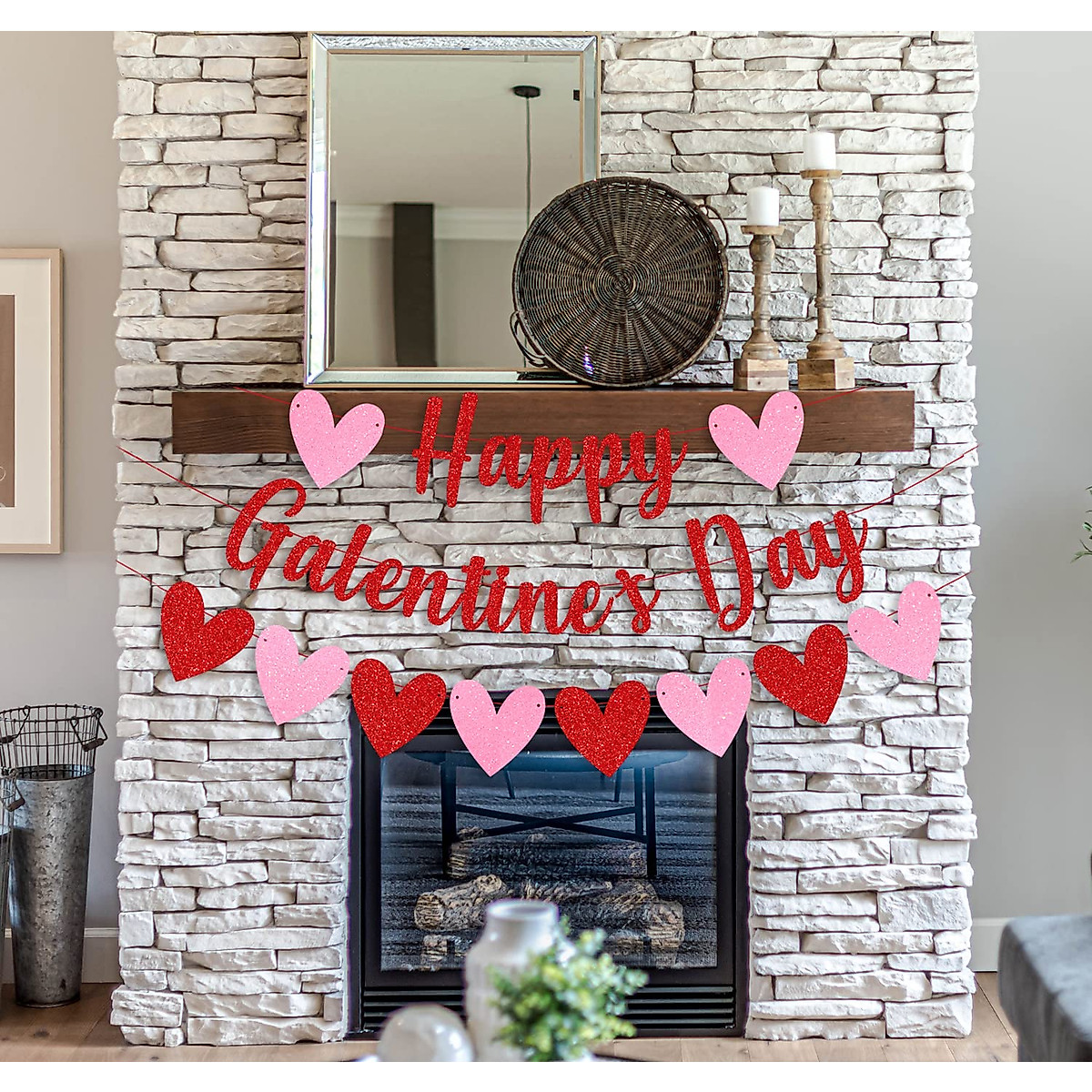 JOZON Happy Galentine's Day Banner and Hearts Banner Red Pink Glittery Galentine's Day Banner Garland Galentine's Day Decor for Valentine's Day Ladies Celebrating Party Decorations Supplies
