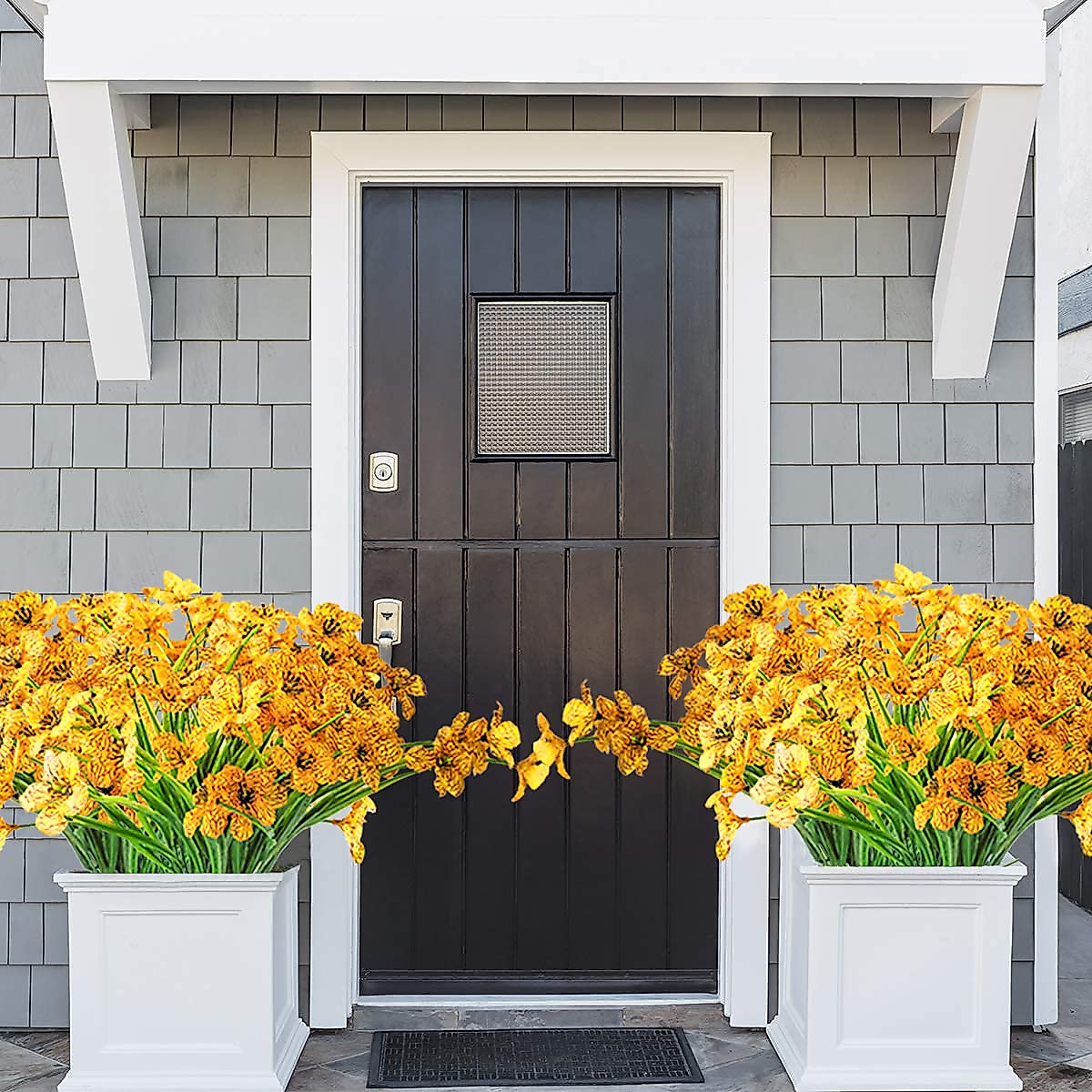 AUMVEYI 4 Bundles Artificial Plants Outdoor Fake Mums Flowers Bulk UV Resistant Faux Greenery Plastic Floral Decoration for Home Outside Garden Porch Hanging Planter décor