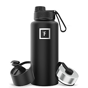 IRON °FLASK Camping & Hiking Hydration Flask with 3 Lids - Stainless Steel, Double Walled & Vacuum Insulated Water Bottle - Leak Proof & BPA Free (Midnight Black, Spout - 32 oz)