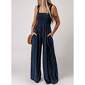 Dokotoo Womens Overalls Blue Jumpsuits for Women Casual Loose Fit Solid Color Wide Leg One Piece Sleeveless Jumpsuit Long Pant Rompers with Pockets Medium