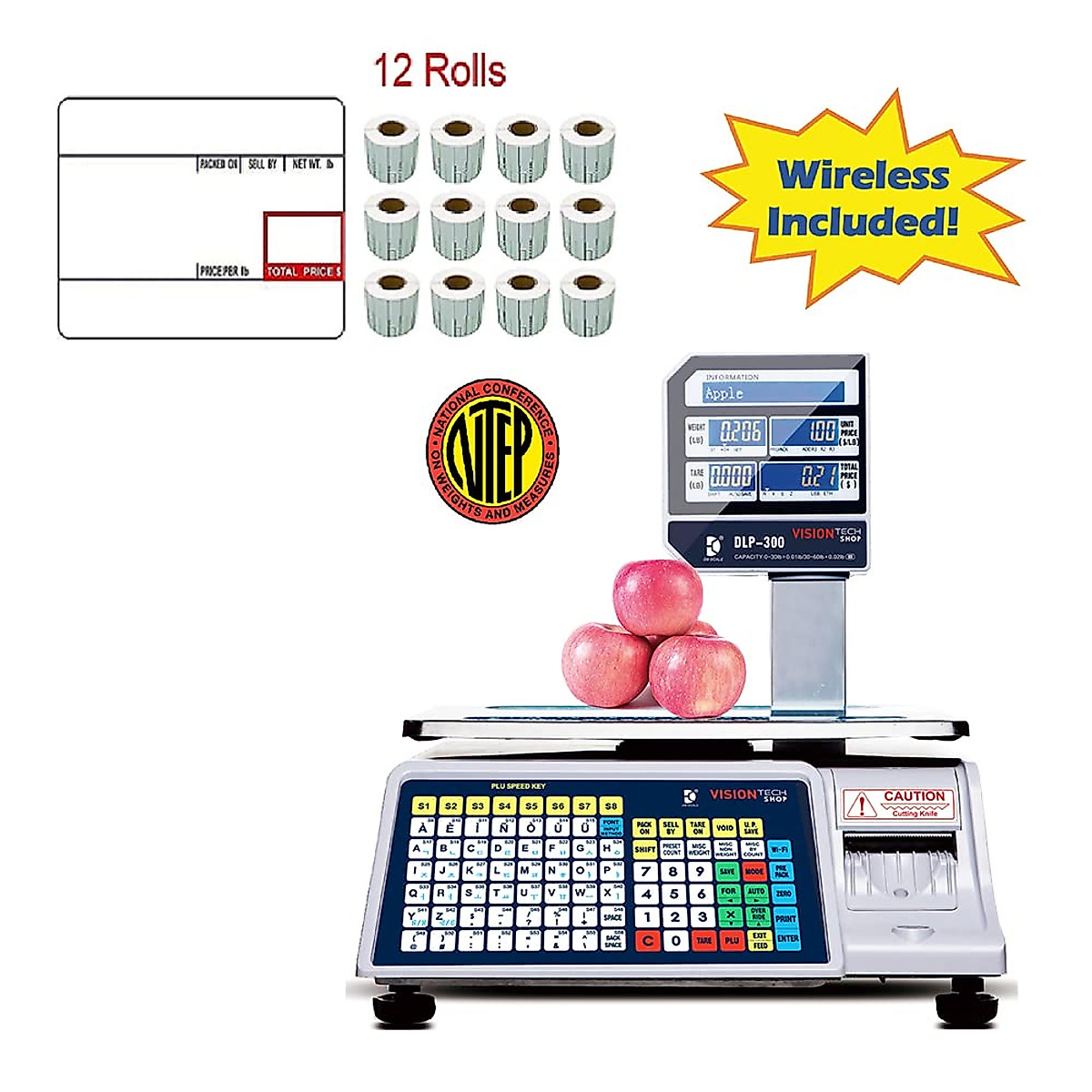VisionTechShop DLP-300 Label Printing Scale Pole Display, 30/60lbs Capacity, 0.01/0.02lbs, NTEP Legal for Trade with a Free 1 case CAS LST-8010 UPC Label, 58 x 40mm