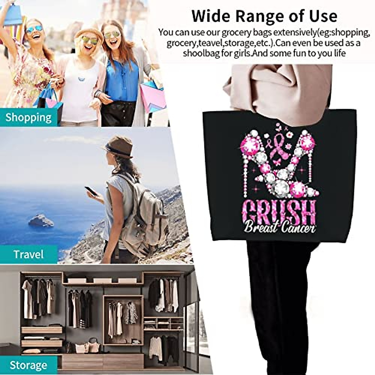 Coirtbom Crush Breast Cancer Awareness Tote Bag Ladies Cute Shopping Bag Large Capacity Shoulder Bag Work Fit Fashion Handbag Organizer