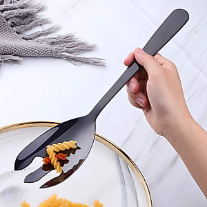 Mingcheng 12 Inches Stainless Steel Salad Server Sets with Salad Spoon and Fork, Cooking Utensils for Kitchen, Simple and Classic Dishwasher Safe(Black)