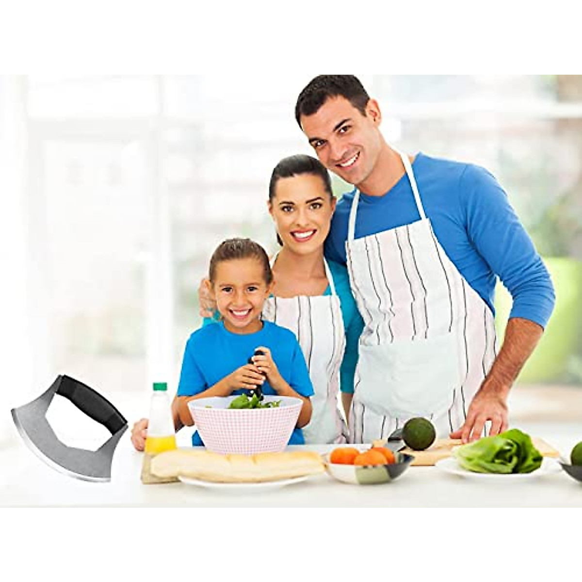 Mezzaluna Knife Salad Chopper, Stainless Steel Blade with Protective Cover - Ergonomic Anti-Slip Handle Vegetable Chopper Mincing Knife for Pizza, Cheese, Onion, Carrot, Pepper, Garlic, Vegetable