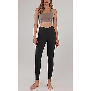 ODODOS Women's Cross Waist 7/8 Yoga Leggings with Inner Pocket, Inseam 25" Gathered Crossover Workout Yoga Pants, Black, Small