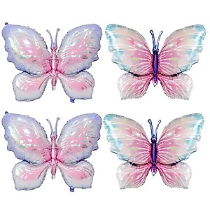 Butterfly Balloons, 4 PCS 40 inch Pink Purple and Bluy Butterfly Mylar Foil Balloons for Girls Women Butterfly Theme Party Wedding Birthday Baby Shower Party Decoration (Purple/Blue-4pcs)