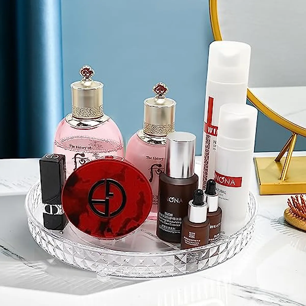 Lazy Susan Organizer with Handle, 11 Inch Lazy Susan Turntable for Bathroom Dresser, Round Spinning Organizer for Makeup Perfume Spices Counter (9" Clear White)