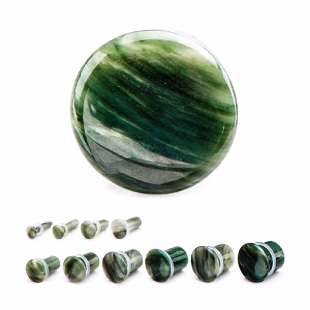 Pierced Owl Green Lined Jasper Natural Stone Single Flared with Clear Silicone O-Ring Plugs, Sold as a Pair (8mm (0GA))