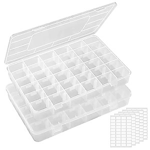 Lifewit 2 Pack 36 Grids Clear Stackable Plastic Organizer Storage Box Container with Adjustable Dividers for Beads, Art DIY, Crafts, Jewelry, Fishing Tackle with 5 Sheet Label Stickers