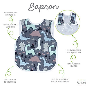 BapronBaby Dinosaur Drawing Bapron - No Neck Tie Safer Bib for Baby & Toddler - Soft Waterproof Stain Resistant - Machine Washable - Sz Preschool 3-5yrs