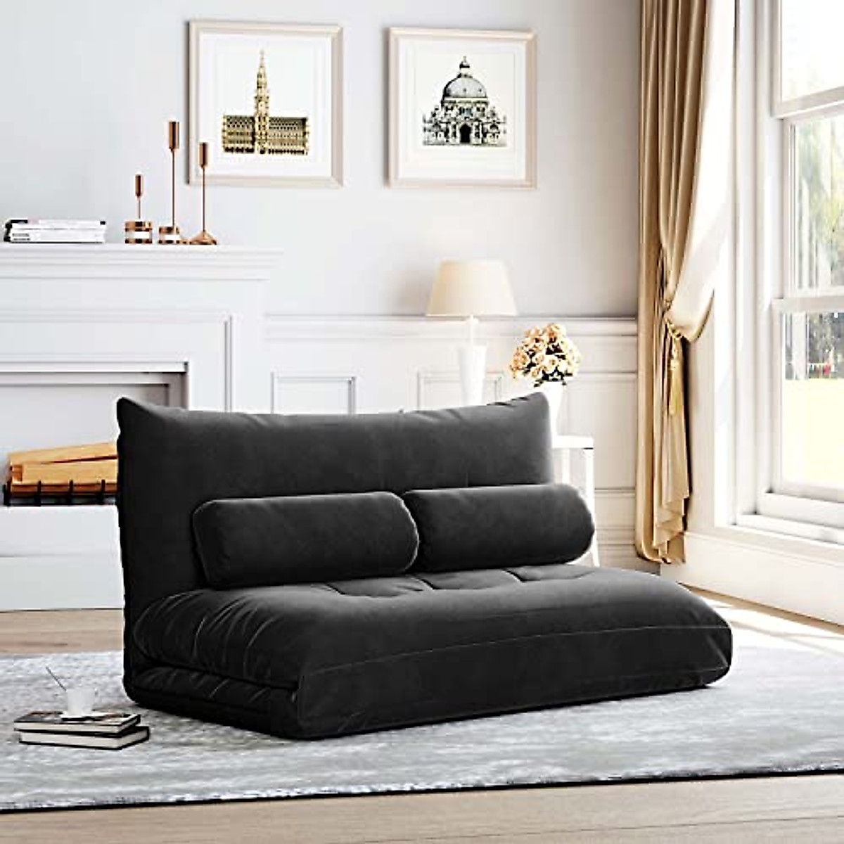 TMEOSK Double Chaise Lounge Sofa with 2 Pillows, 5-Position Reclining Folding Lazy Sofa Sleeper Bed Futon Bed Sofa Couches for Boys Girls Teens Adults Living Room Bedroom (Black)