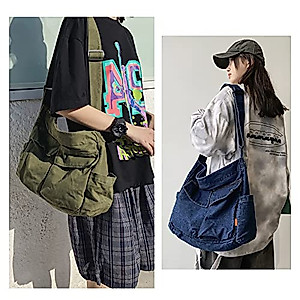 KlaOYer Canvas Messenger Bag Large Hobo Bag School Crossbody Shoulder Bag Tote Bag with Pocket for Women and Men (Green)