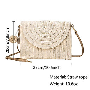 Straw Shoulder Bag Women Straw Clutch Summer Beach Crossbody Bag Handmade Woven Purse Handbag Holiday Gifts, Beige, 7.9 x 10.6 inch