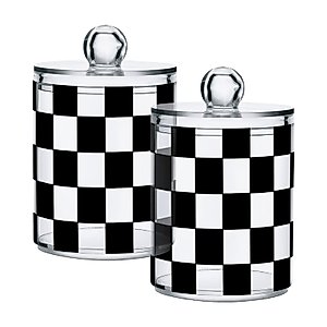 Fustylead 2 Pack Checkered Qtip Holder Dispensers, Plastic Apothecary Jar Bathroom Accessories Set for Cotton Ball, Swab, Round Pads, Floss