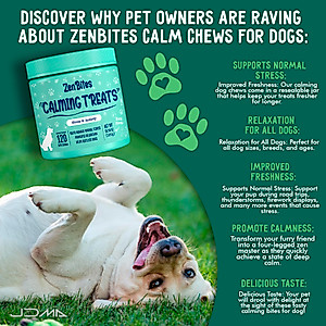 ZenBites Organic Calming Vitamin Chews for Dogs Anxiety Soft Dog Calming Treats with Chamomile Valerian Root Ginger Root & Melatonin Supports Everyday Stress & Anxiety (Duck Flavor) 120 Count