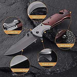 sharpken Pocket Knife for Men Women, Folding Knife with Clip + Seatbelt Cutter + Glass Breaker + Wood Handle