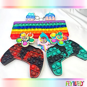 RYLEED 8 Pack Pops Fidget Toys, It is Includes( 2 Game Controller Gamepad Shape+ 2 Small Poppit Keychain+ 2 Fidget Spinner Toys+ 1 Keyboard Shape+ 1 Rocket Shape Snap Toy)