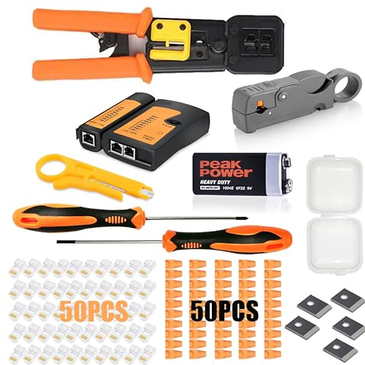 RJ45 Crimp Tool Kit Pass through Ethernet Crimper kit for Cat5 Cat5e Cat6,RJ45 Crimping Tool with 50PCS Connectors, 50PCS Covers,1 Wire Punch Down Cutter and 1 Network Cable Test(9V Battery Included)