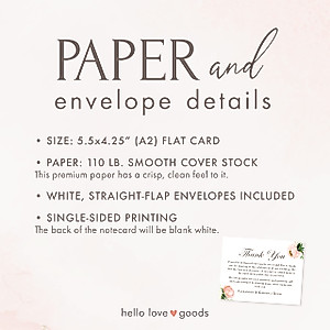 Hello Love Goods Personalized Wedding Thank You Cards with Message, Flat Thank You Note Cards with Pink Floral