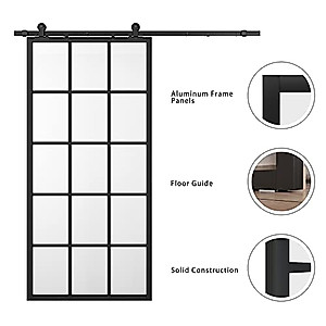 BARNSMITH 42in x 84in Frosted Glass Barn Door with 7FT Top Mounted Hardware kit Soft Close Mechanism DIY 15 Lites Tempered Modern Aluminum Sliding Glass Door Slab Disassembled Easy Installation
