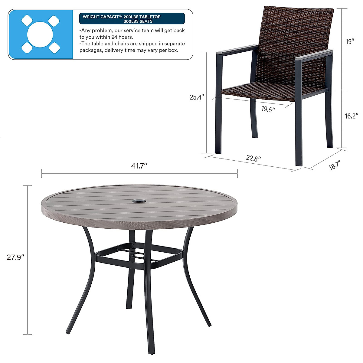 VICLLAX 5-Piece Patio Dining Set, Outdoor Furniture Set Includes 42" Round Patio Table and Outdoor Wicker Chairs for Lawn Garden, Grey Wood-Like Table