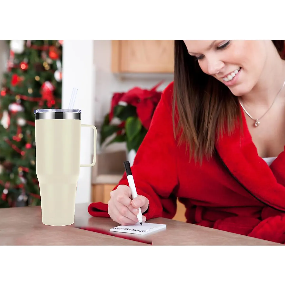 momocici 40 oz Tumbler with Handle and Straw Lid.40oz Insulated Travel Mug Handle.40oz Coffee Cup Handle.Keep Drinks Cold & Hot,Leak Proof Lid,Dishwasher Safe., Cream, (DrinkTUM-Hx2)