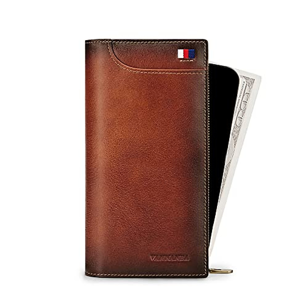 VANNANBA Mens Long Wallet Zipper Full Grain Leather Bifold Checkbook Cards Organized Holder Purse for Business Travel Gift