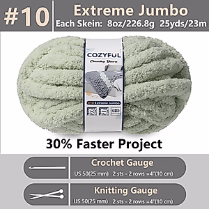 Chunky Yarn for Hand Knitting - Cozyful #10 Chunky Chenille Yarn, Jumbo Big Thick Chunky Yarns for Crocheting, Super Bulky Chunky Knit Blanket Yarns, 8 Skein (25 yds 8 oz Each Skein), Sage Green
